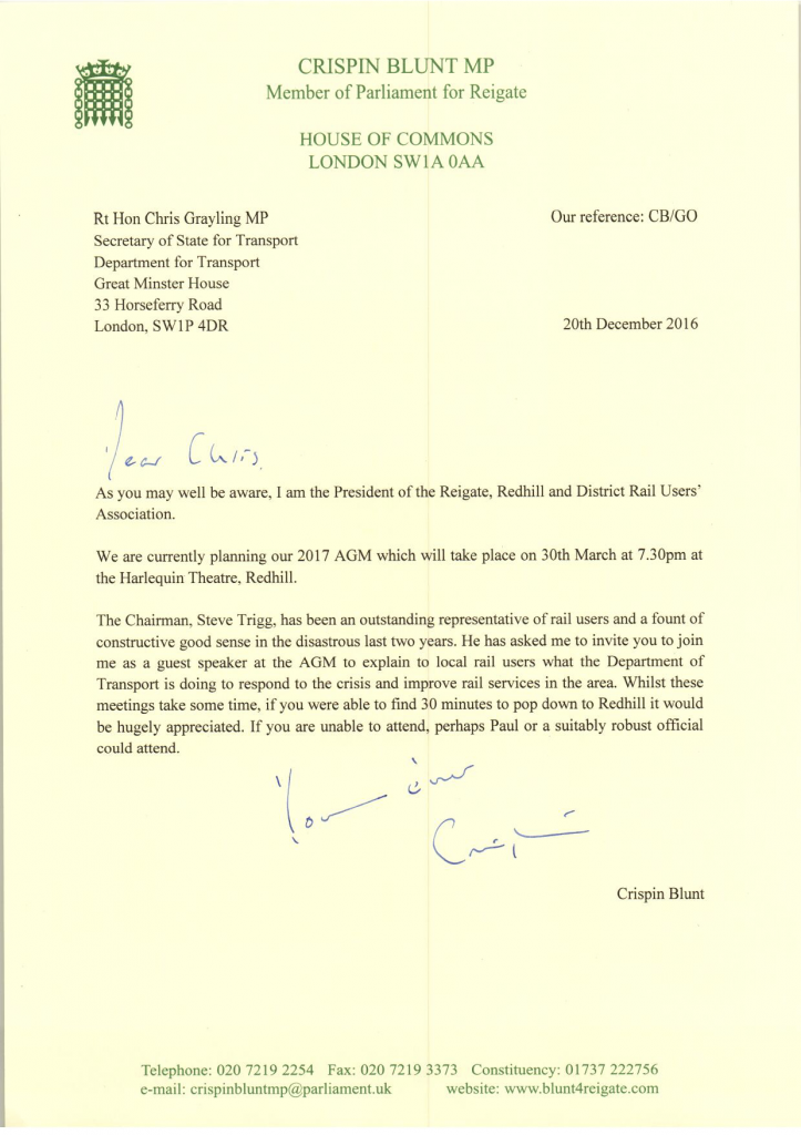 2017 AGM Meeting invitation to Transport Secretary Chris Grayling ...